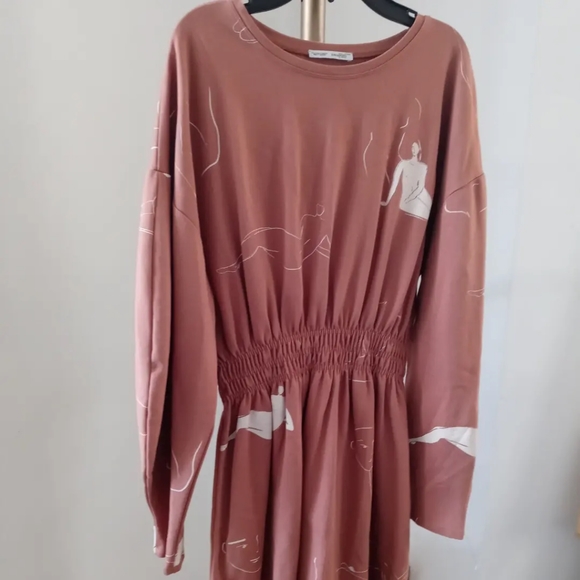 Zara | Dresses | Zara Dusty Pink Long Sleeve Dress With Abstract Line ...